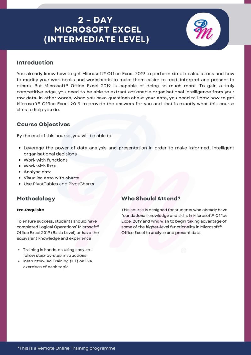 Outline - Microsoft Excel (Intermediate Level) (1) - PM eSchool Outline - Microsoft Excel (Intermediate Level) (1) - PM eSchool
